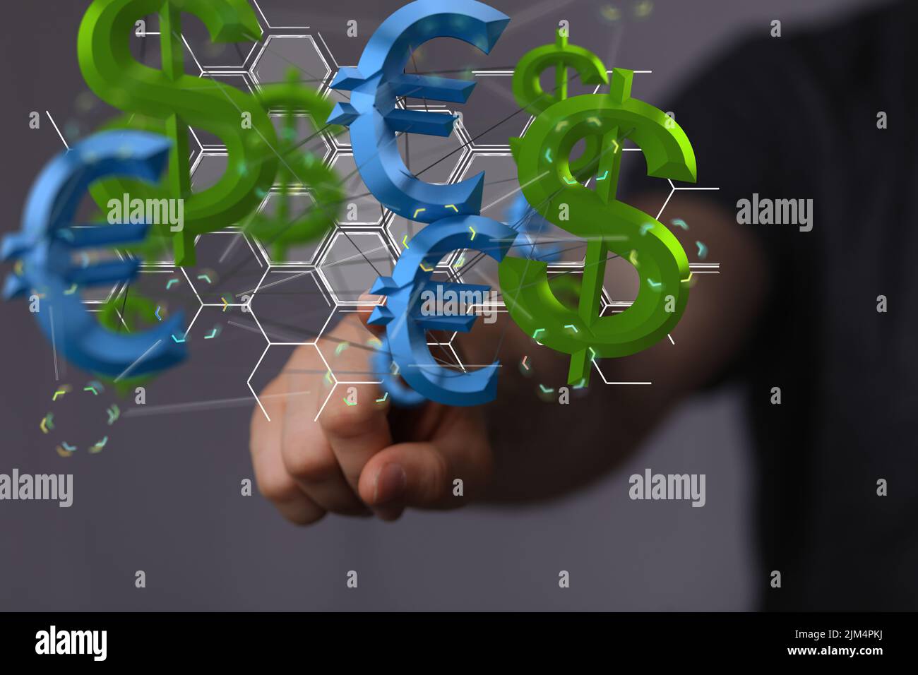 A closeup of illustrated euro and dollar signs near a hand Stock Photo ...
