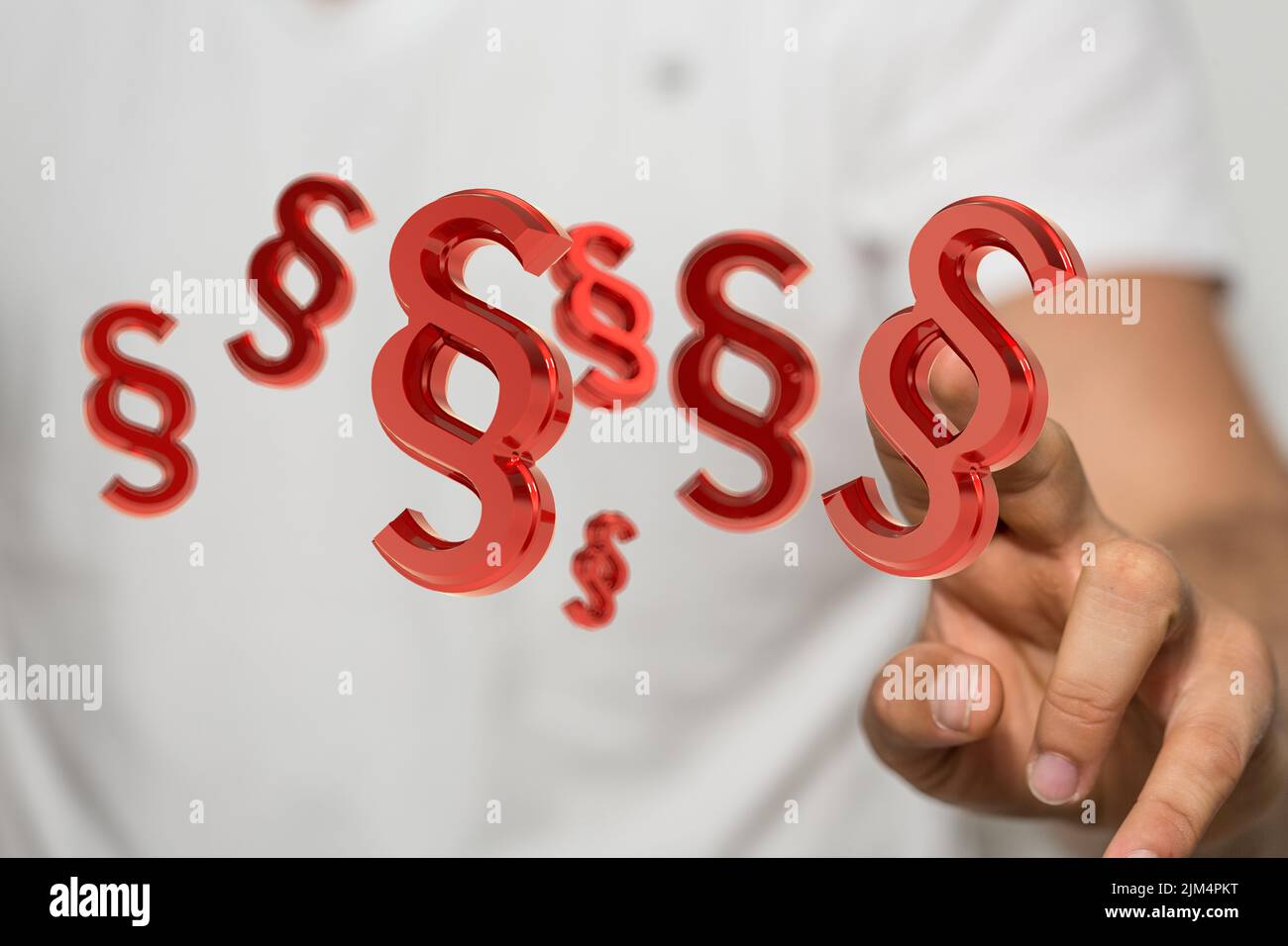 A male touching red law paragraph symbols in white background Stock ...