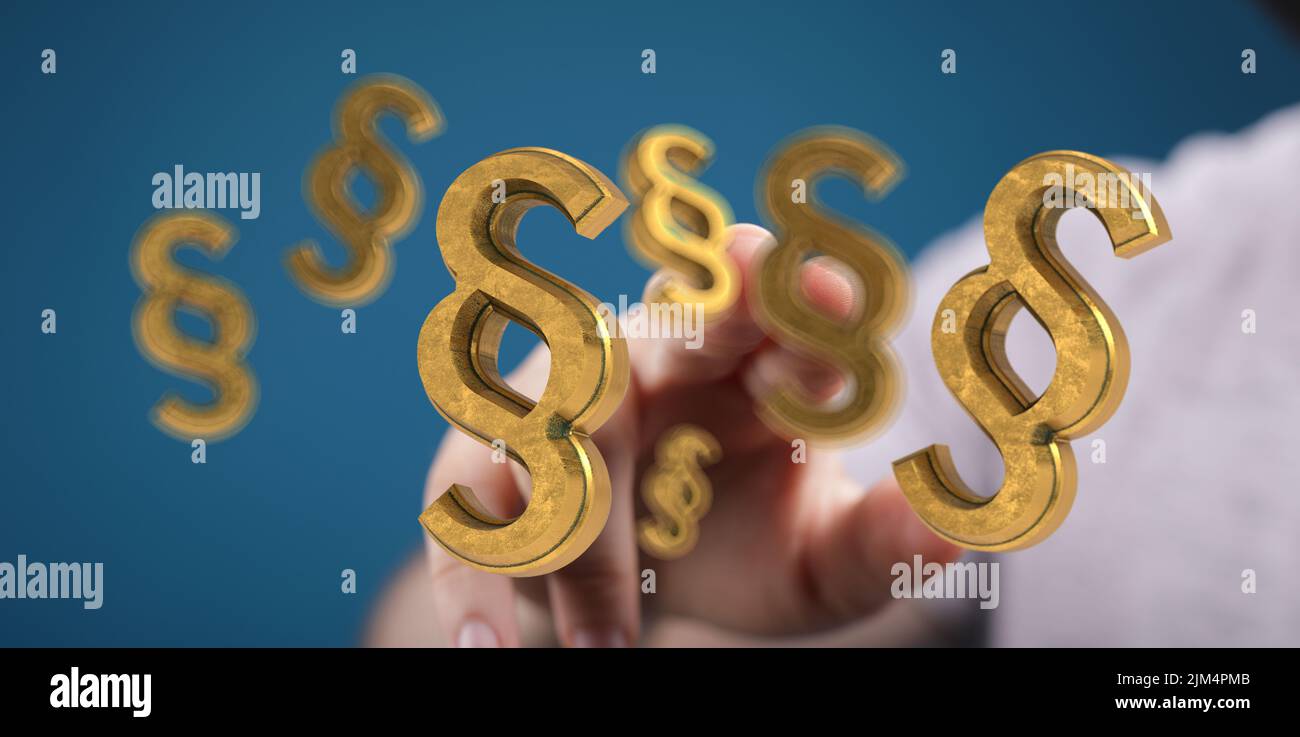 A male touching red law paragraph symbols in blue background Stock ...