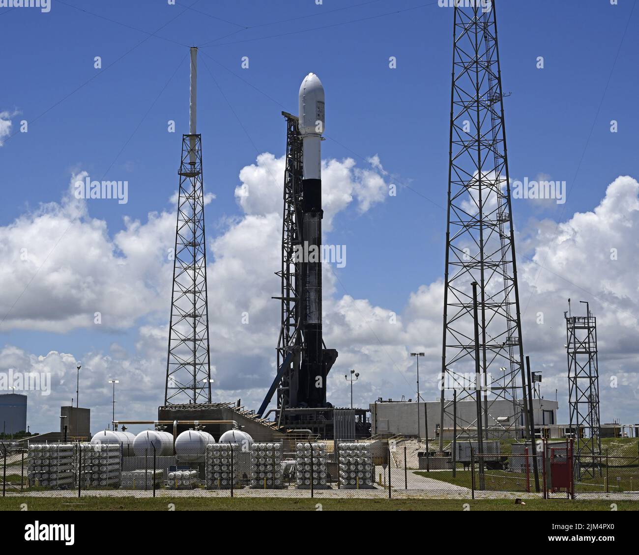 A SpaceX Falcon 9 rocket is prepared to launch the Korea Pathfinder Lunar Orbiter (KPLO) from ...