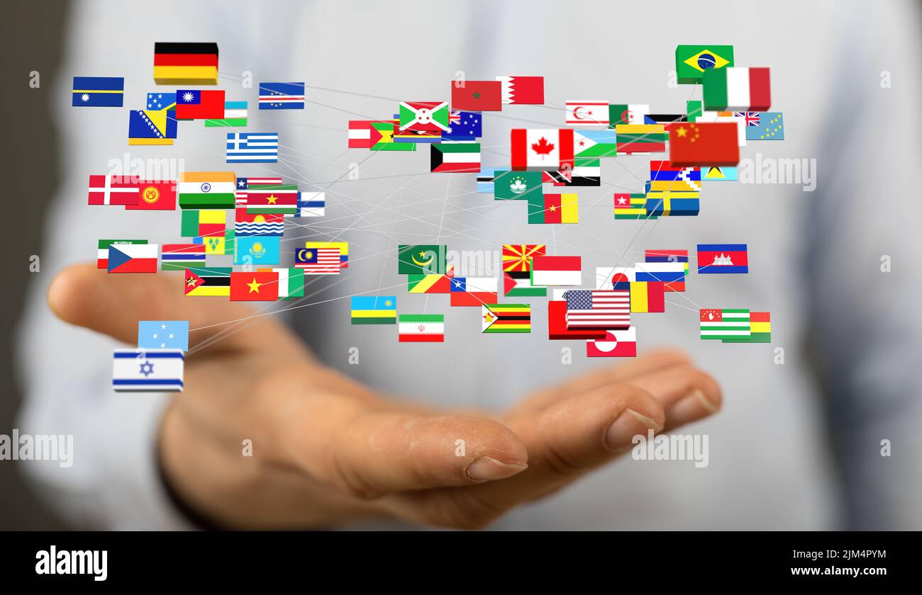 A view of connected different country flags floating in palm of male ...