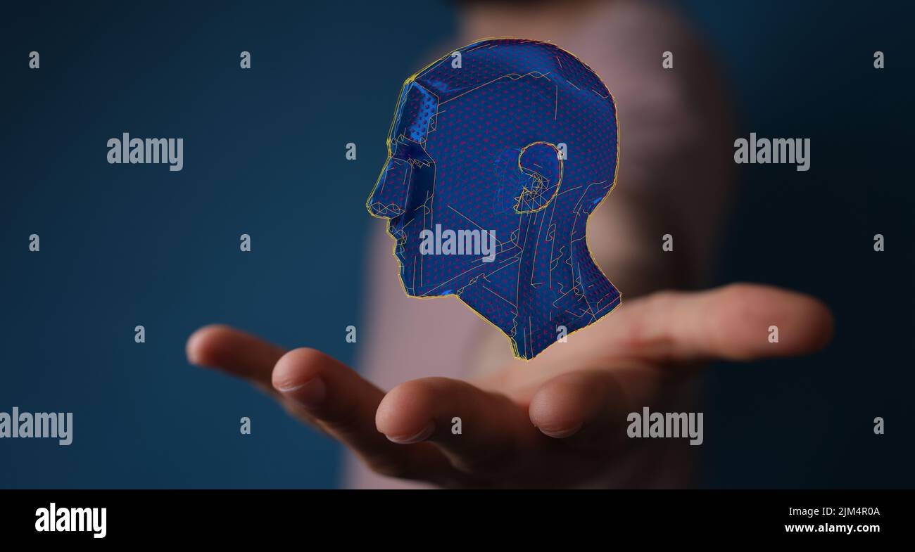 A blurred man holding a 3d homograph human head concept of digital ...