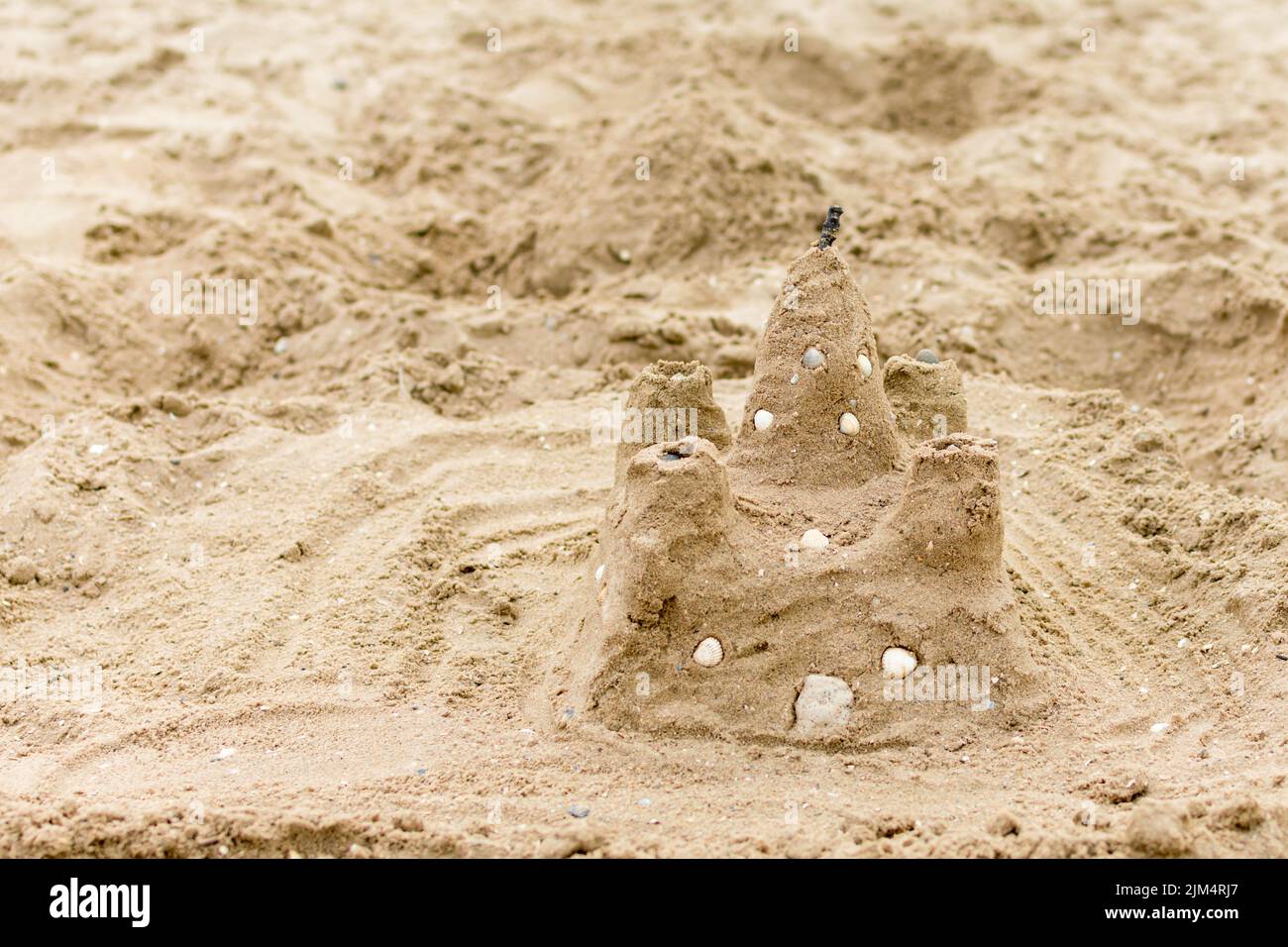 Sand castle and shells on the beach in the sun. Place for an ...