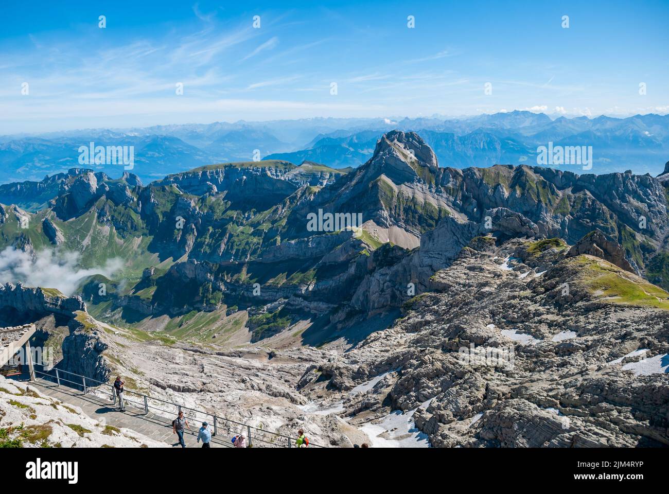 A view of Santis Schwagalp Mountain under the sunny blue sky in warm ...