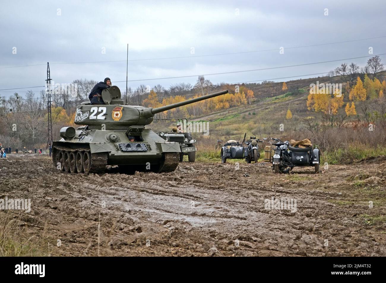 Tank t-34 on the ground. Military reconstruction devoted to free Kiev ...