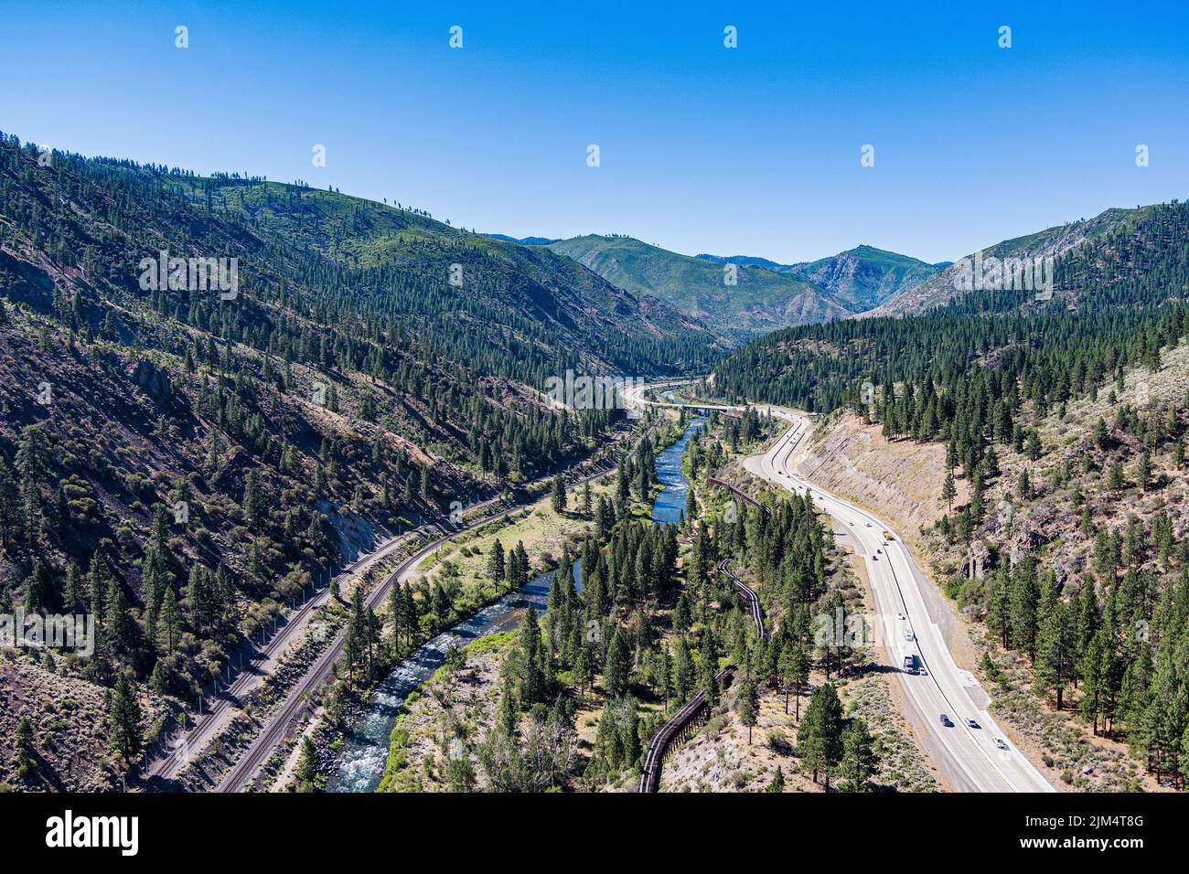 Three forms of transportation rail, river, and car parallel each other ...