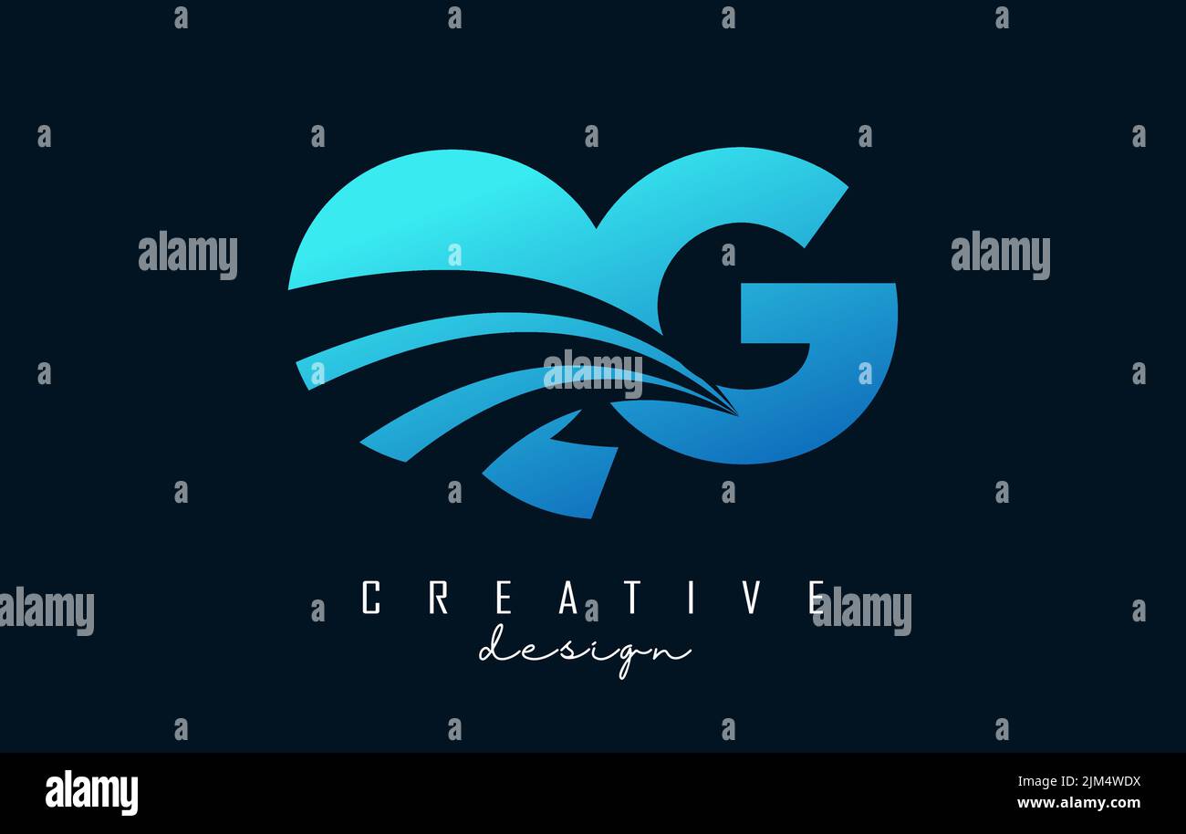 Creative blue letter Qg q g logo with leading lines and road concept ...
