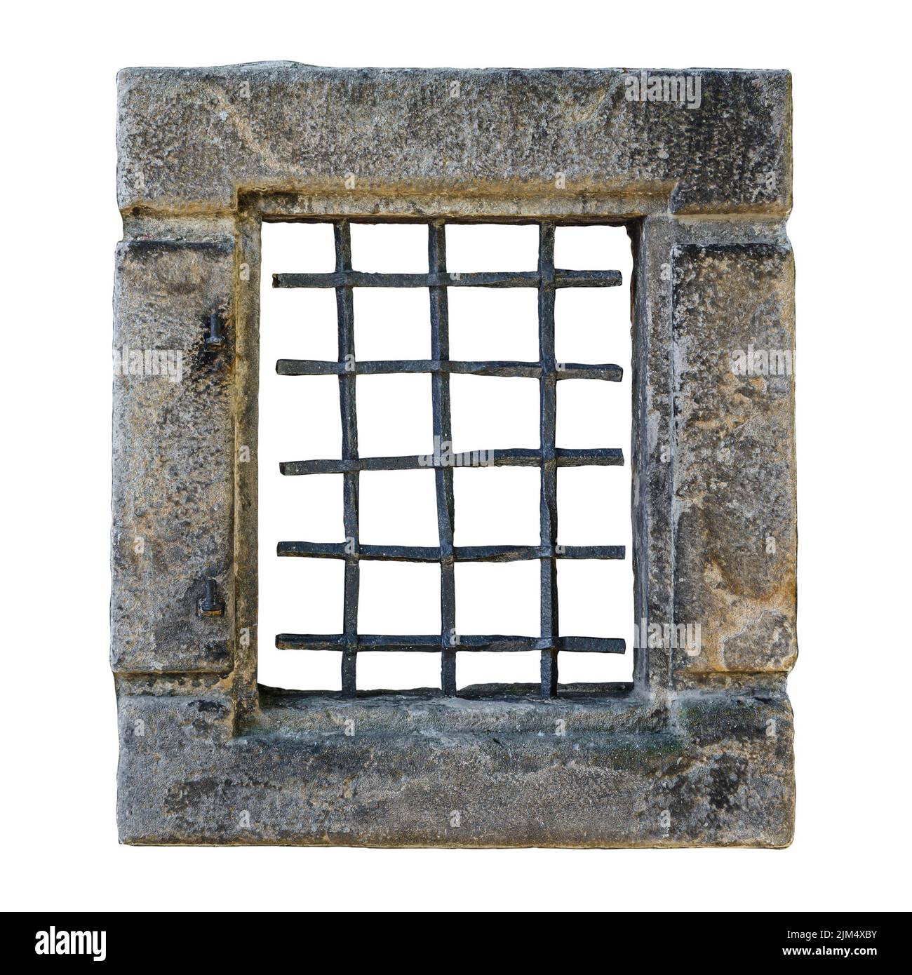A brick square frame window with a metal fence barrier on a white ...