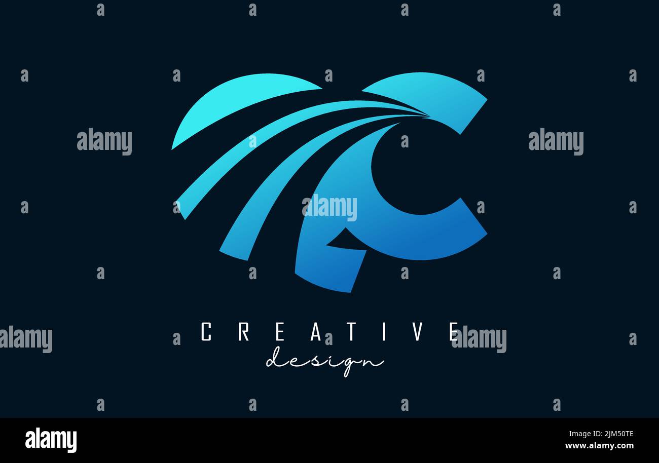 Creative blue letter Qc q c logo with leading lines and road concept ...