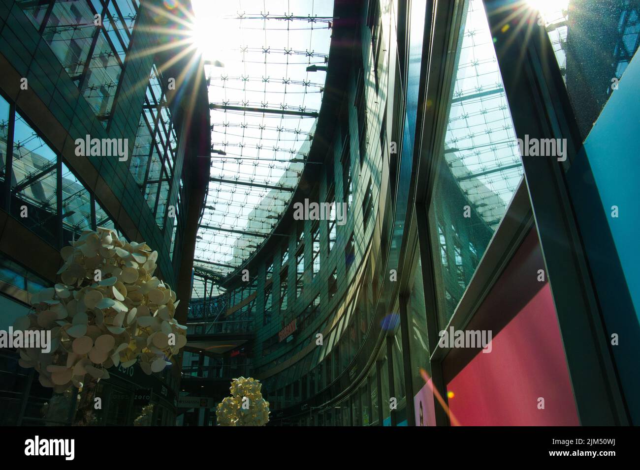 A low angle shot of a modern architectural building from the inside ...