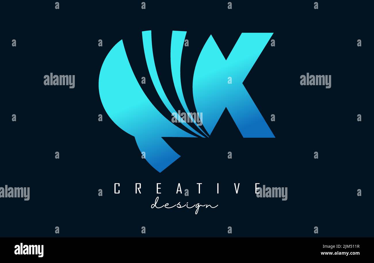 Creative blue letter QX q x logo with leading lines and road concept ...