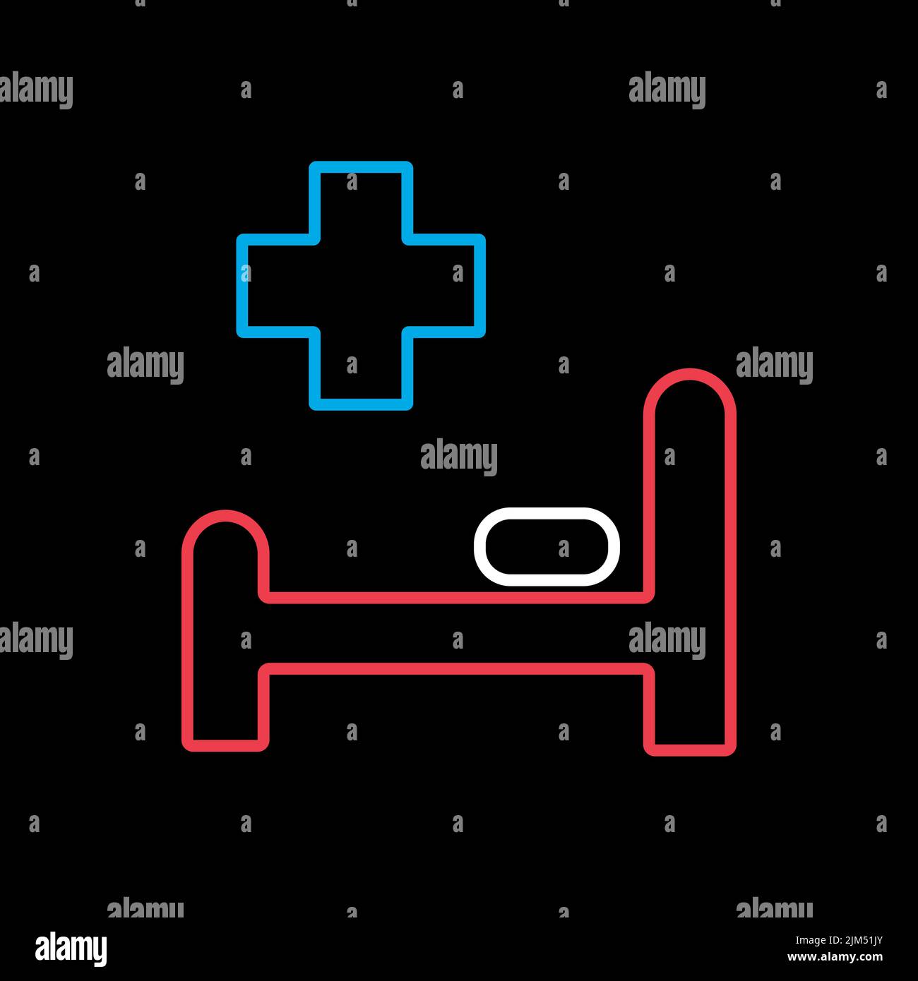 Hospital bed and cross vector icon on black background. Medicine and ...