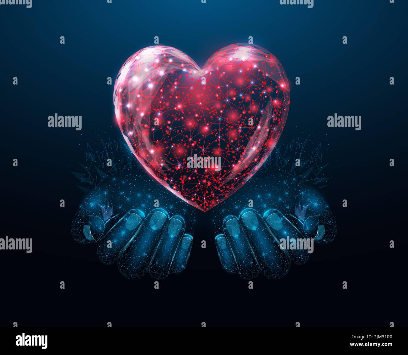 Two human hands are holds heart. Wireframe glowing low poly heart ...