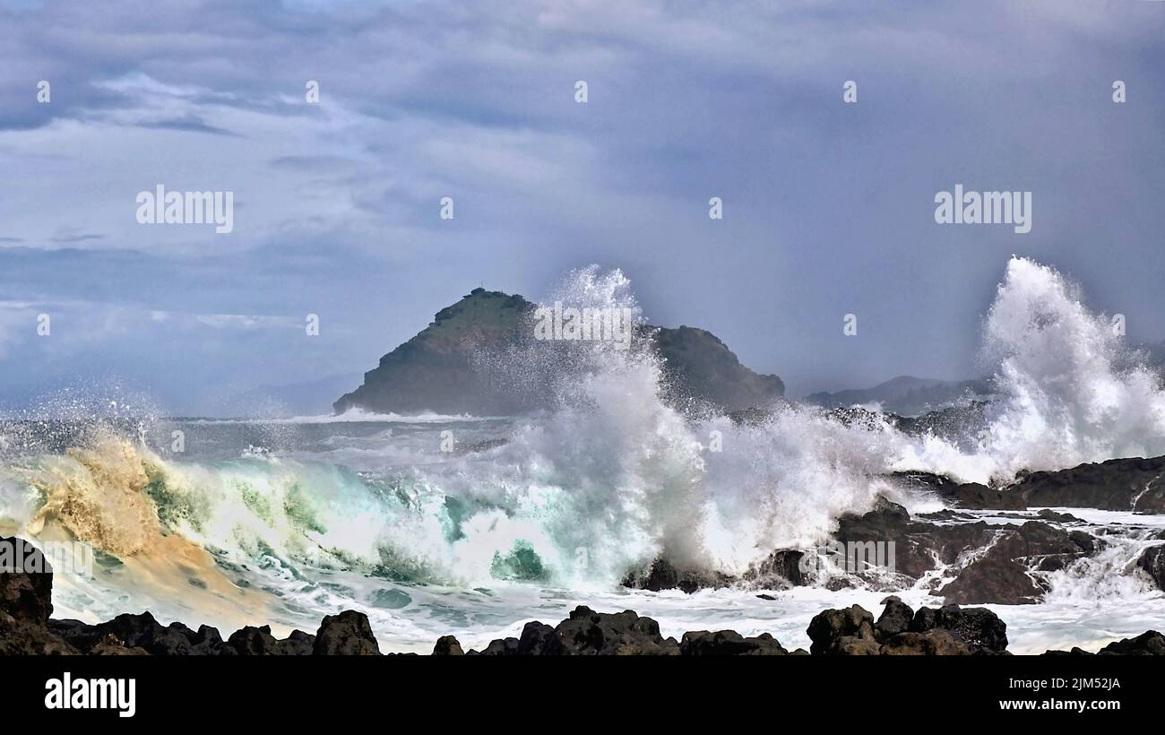 Strong surf on the Atlantic coast in the north of Tenerife. the spray ...