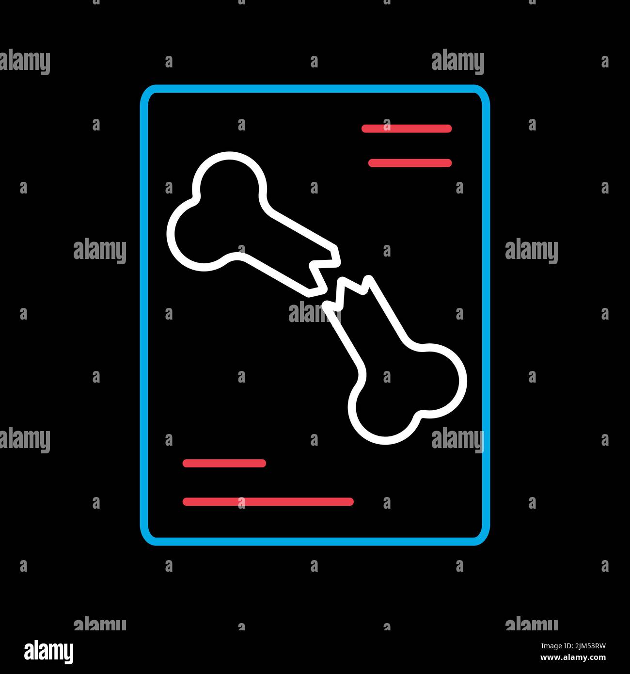 Bone fracture X-ray scan vector icon on black background. Medicine and ...