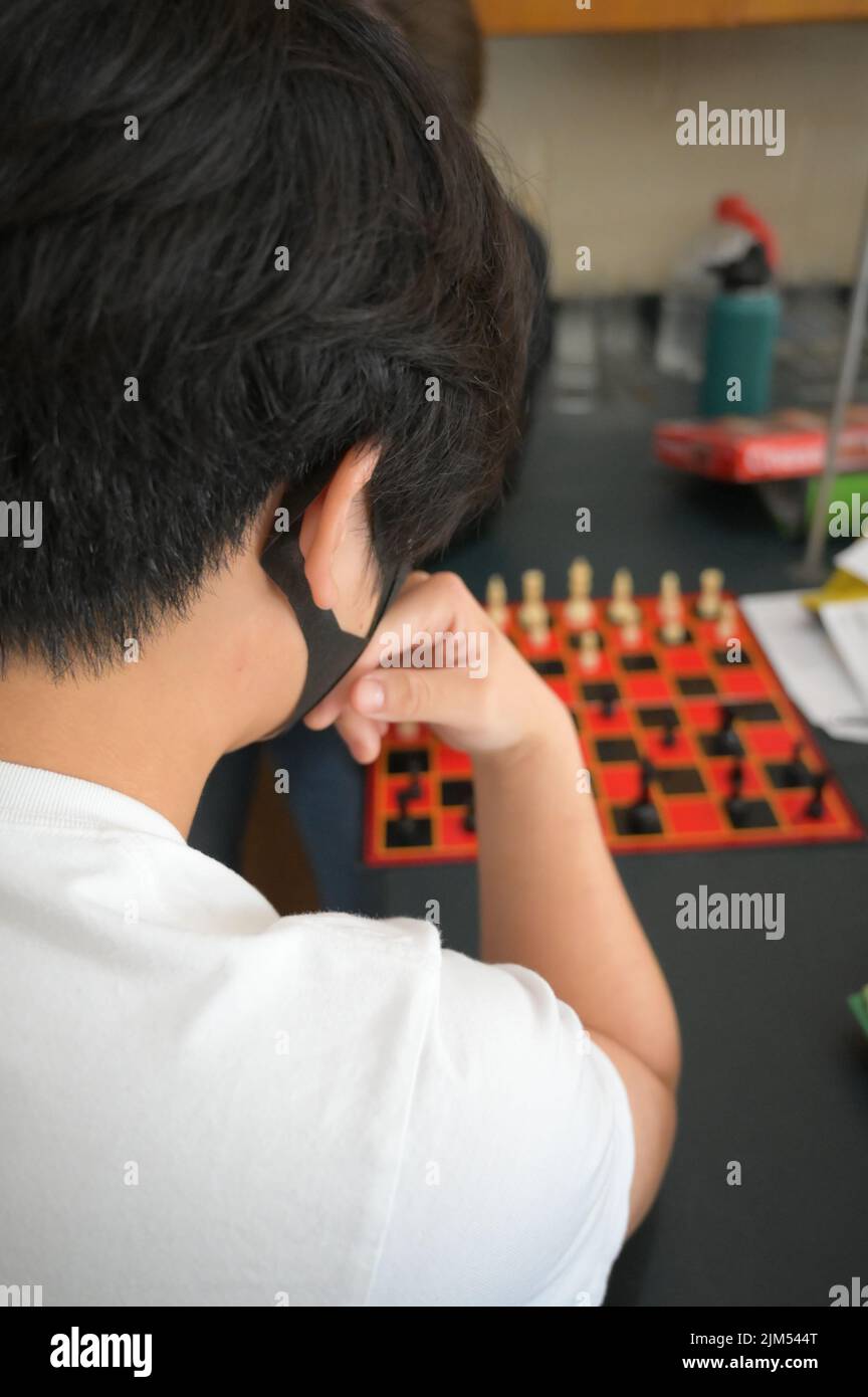 A vertical back view of a male playing chess Stock Photo - Alamy