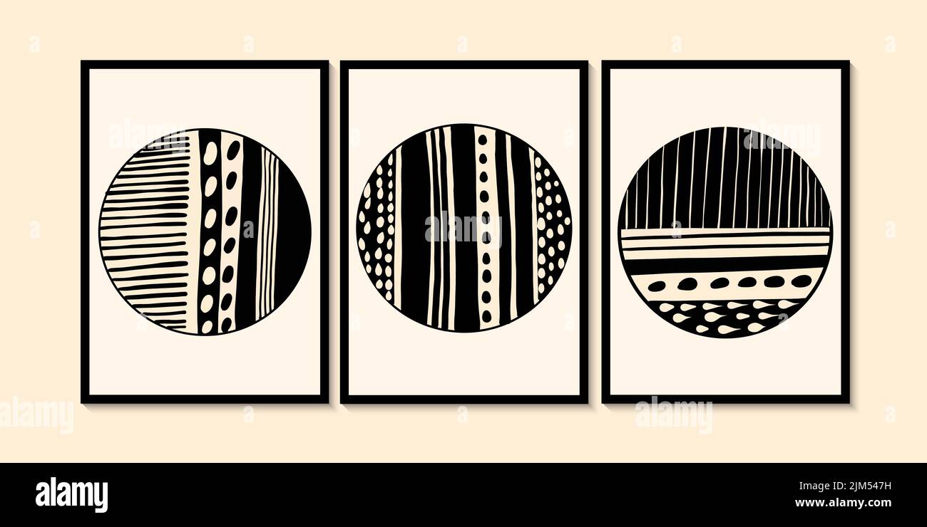 Abstract round line pattern. Minimalist wall art in siyah, bej colors ...