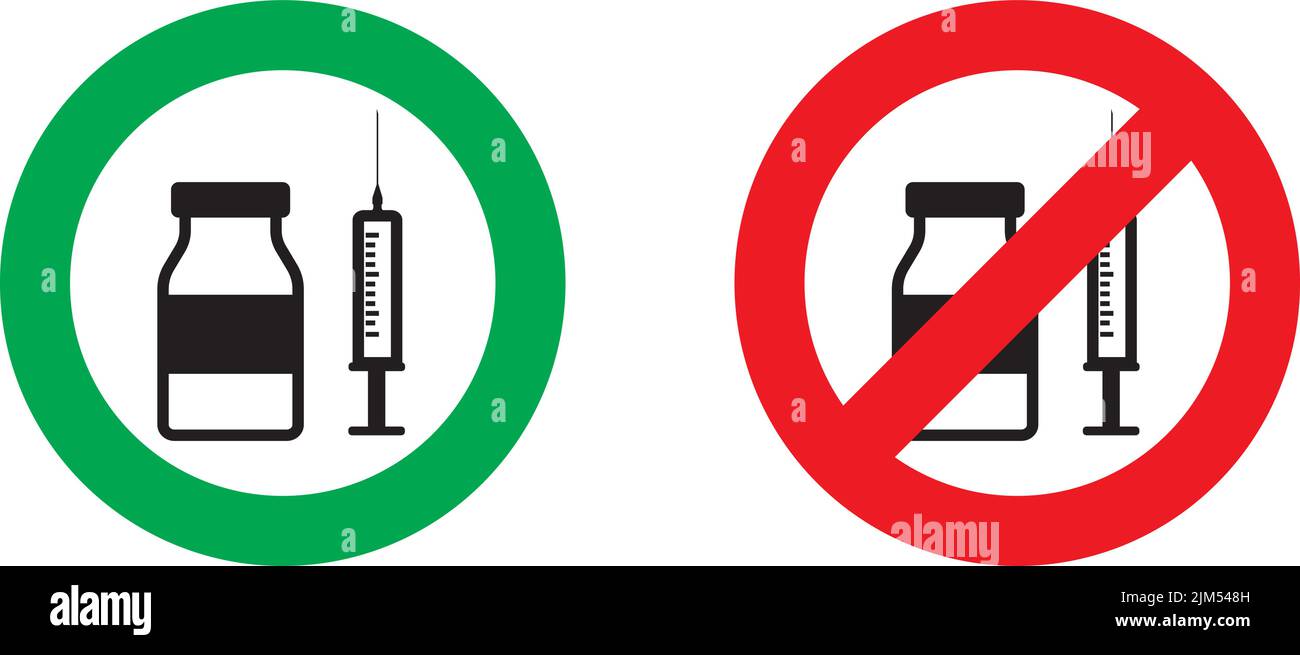 A vector illustration of vial and syringe in red ban sign and green ...