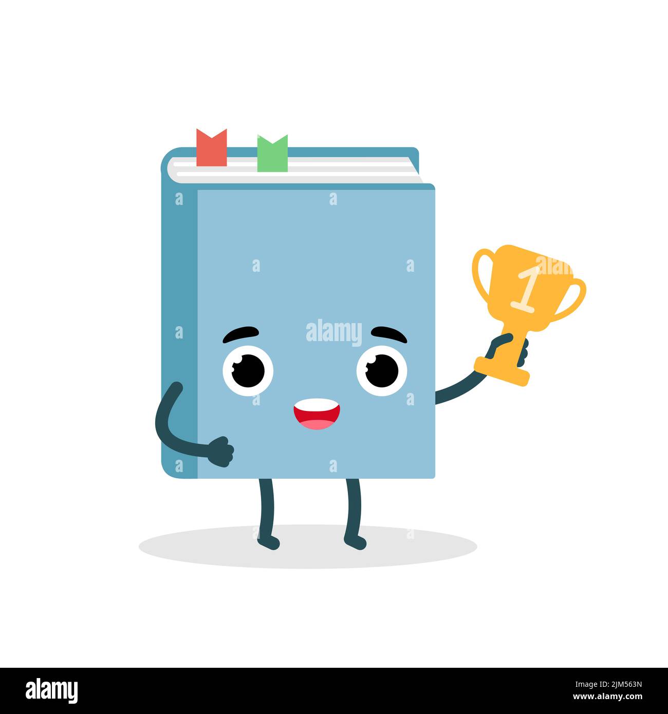 Happy winner book emoji character with cup. Flat vector illustration ...