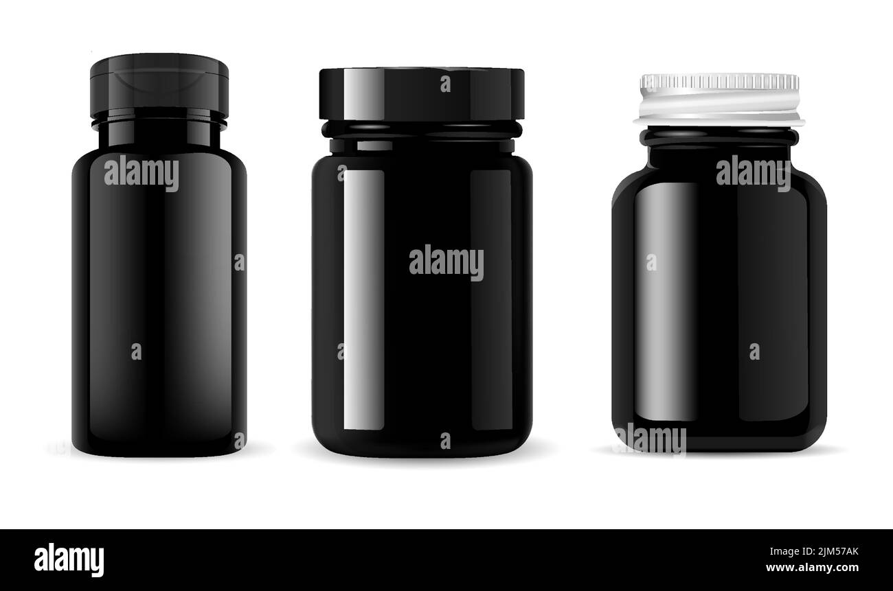 Black pill bottle. Vitamin supplement container mockup 3d vector blank ...