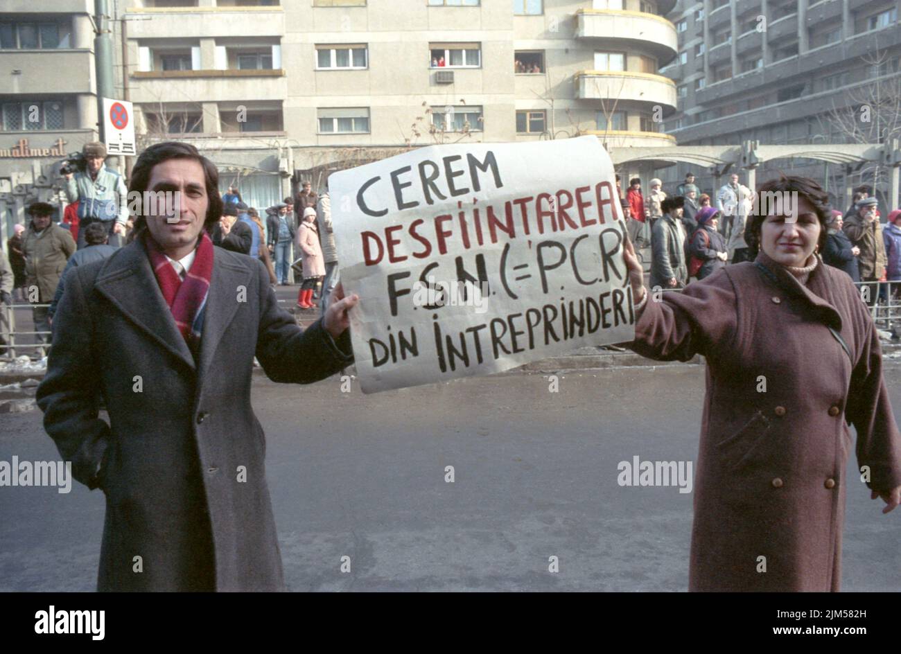 Bucharest, Romania, January 1990. Rally in the University Square ...