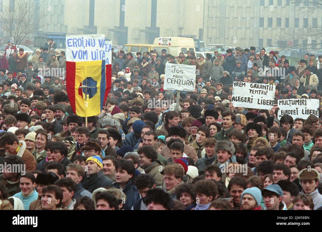 Bucharest, Romania, January 1990. Rally in the University Square ...