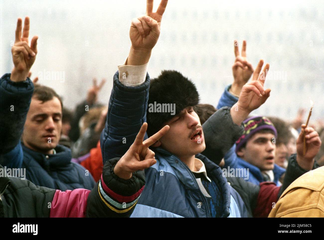 Bucharest, Romania, January 1990. Rally in the University Square ...