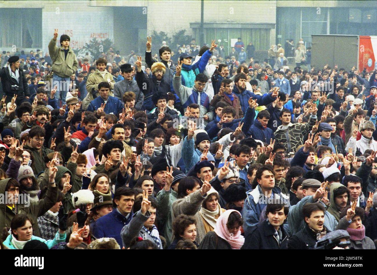 Bucharest, Romania, January 1990. Rally in the University Square ...