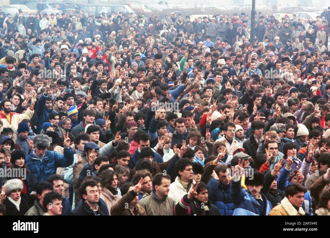 Bucharest, Romania, January 1990. Rally in the University Square ...