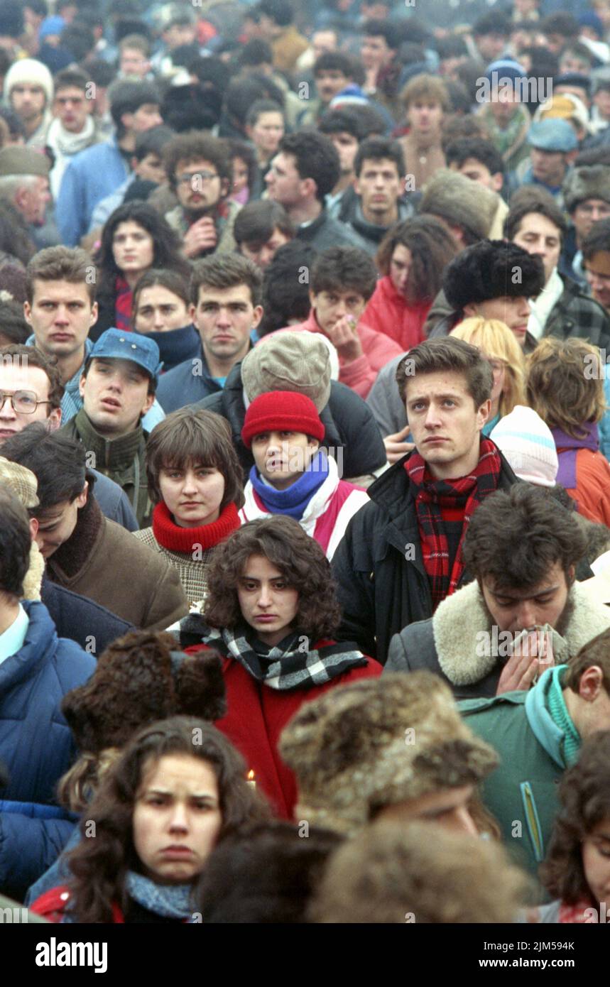 Bucharest, Romania, January 1990. Rally in the University Square ...