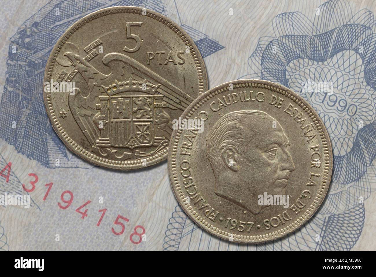 Spanish peseta coin obverse and revese. Currency of Spain between 1868 ...