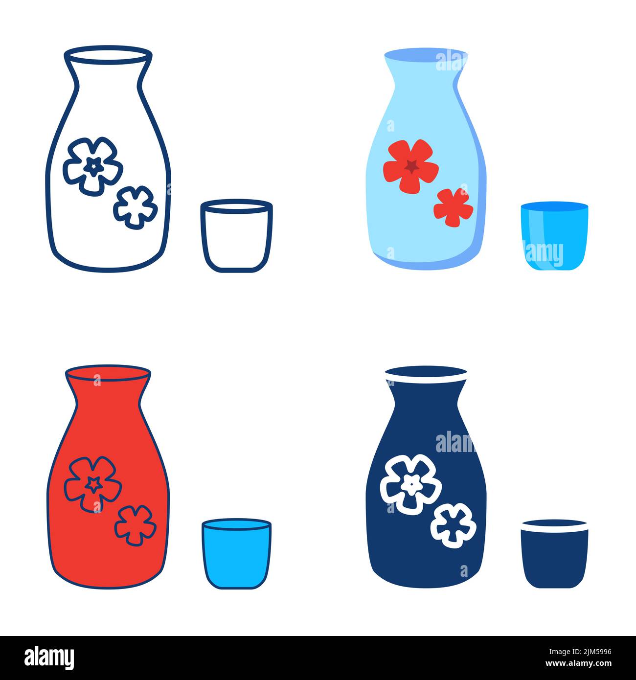 Sake bottle and cup icon set in flat and line style. Traditional ...