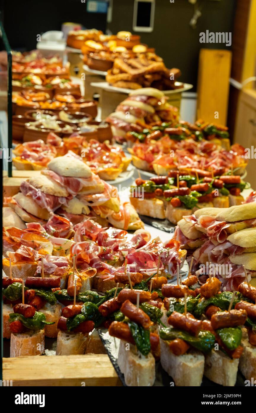 Assortment of typical snacks of Basque Country and Navarre, pinchos or ...