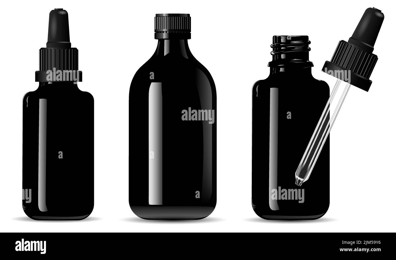 Black glass dropper bottle mockup. Isolated medical bottle with ...