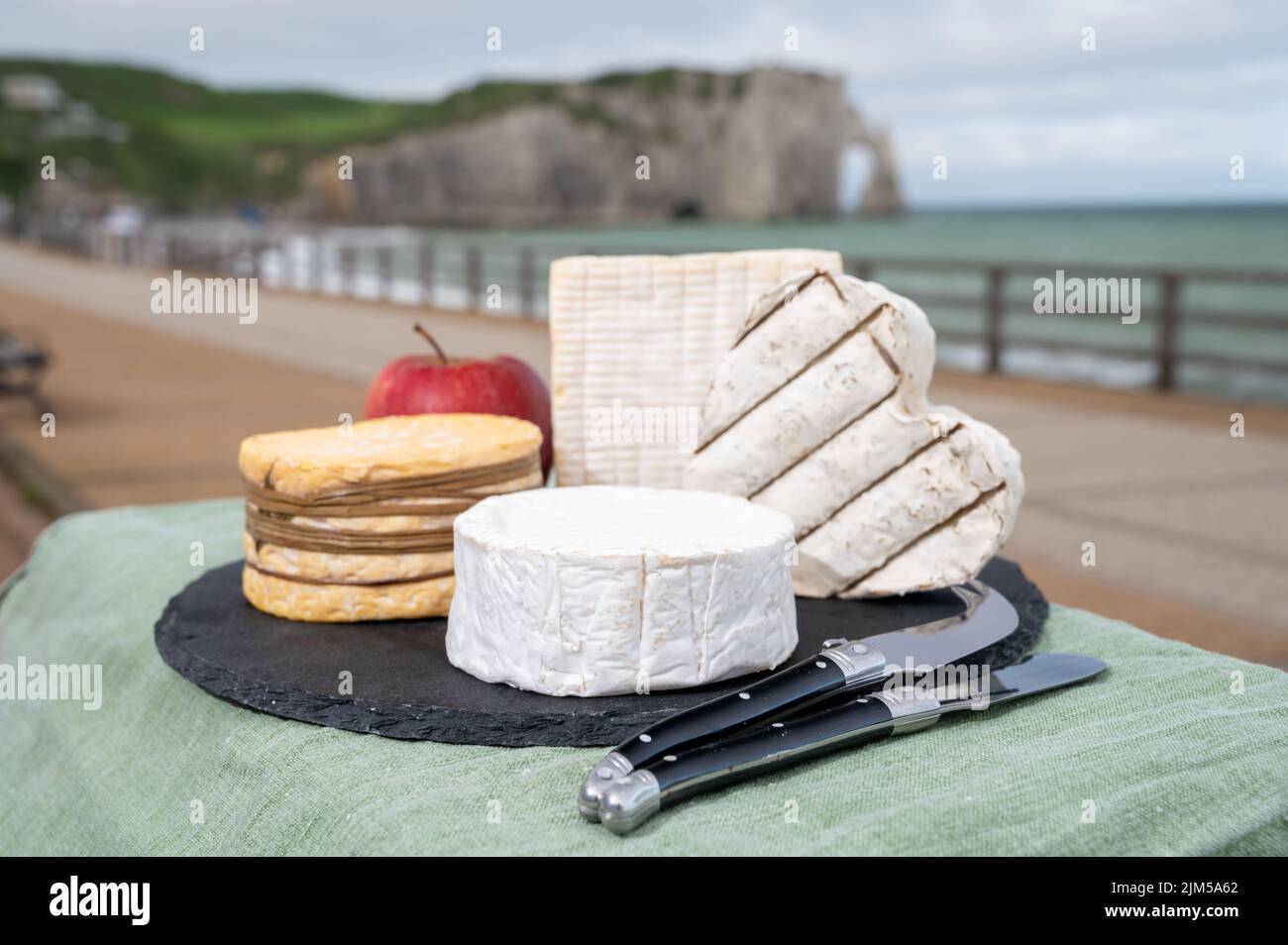 Four famous cheeses of Normandy, squared pont l'eveque, round camembert ...