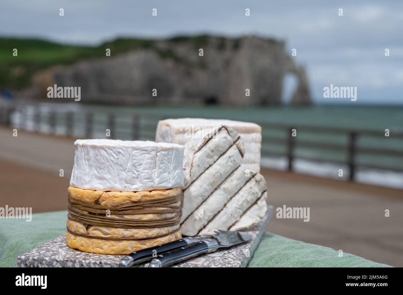 Four famous cheeses of Normandy, squared pont l'eveque, round camembert ...