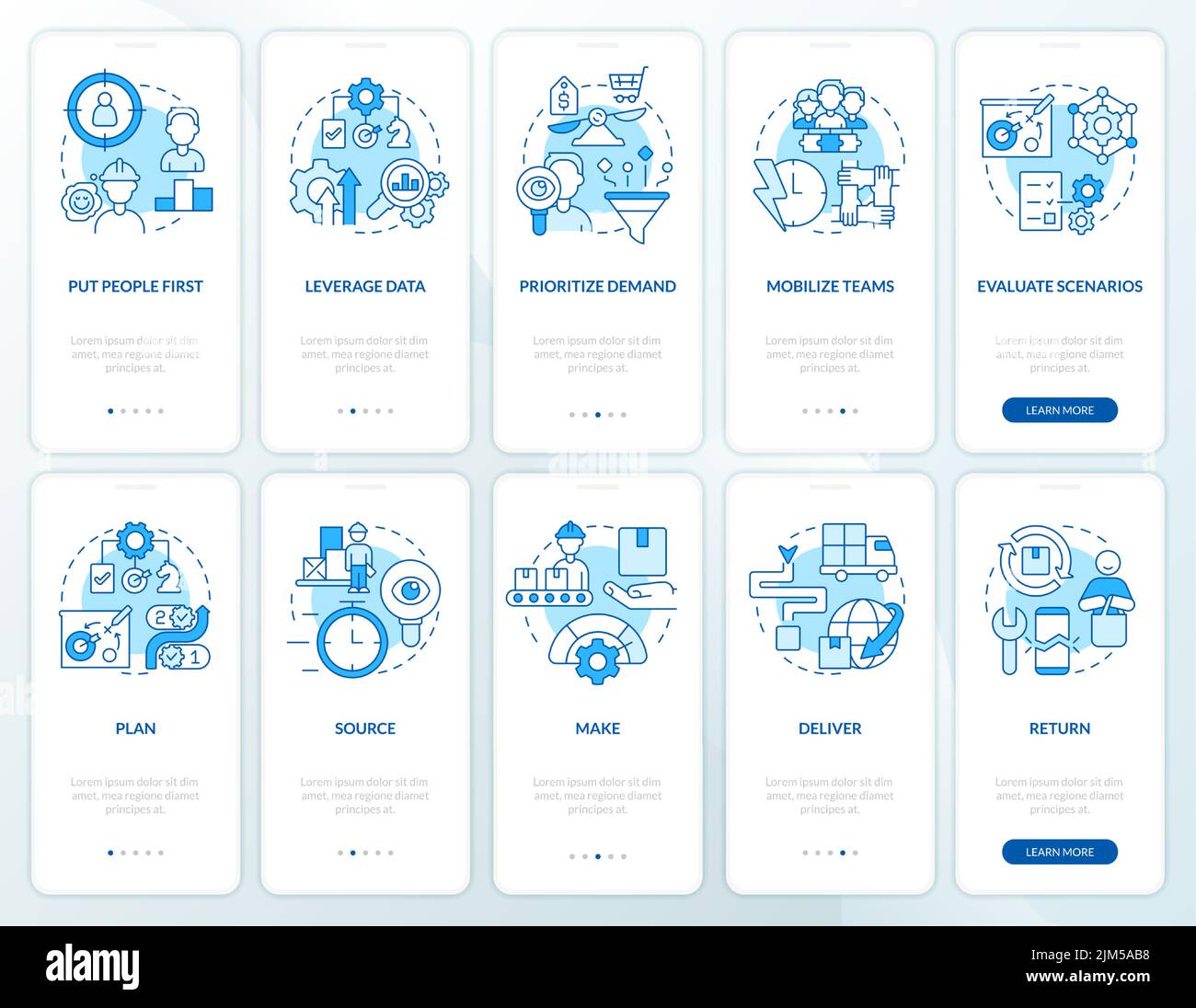 Supply chain priorities blue onboarding mobile app screen set Stock ...