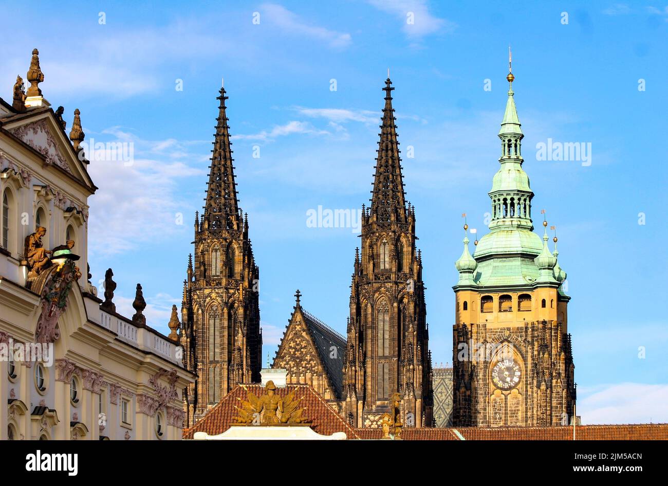 A low angle shot of historic towers in Prague, Czech Republic Stock ...