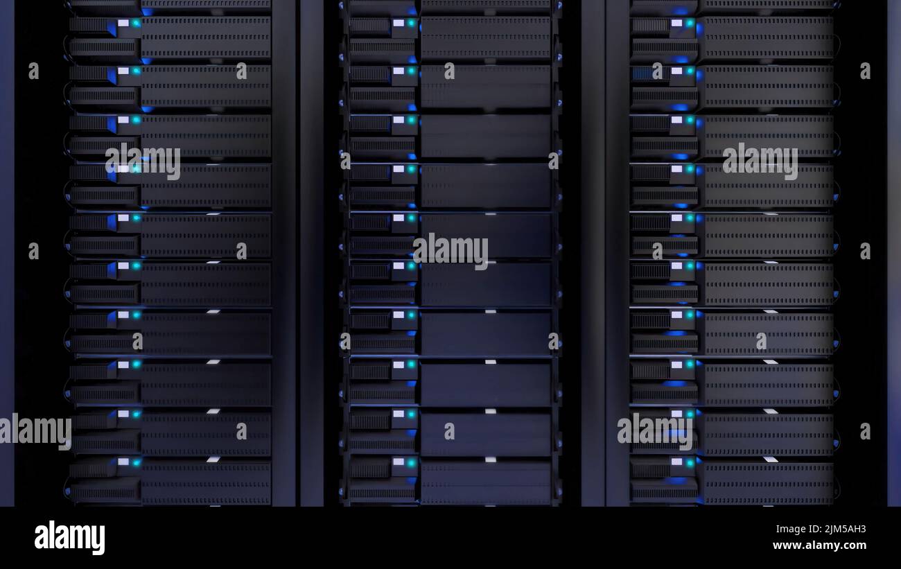 A front view of computer racks in the server room - data protection, rendering, computer power ...