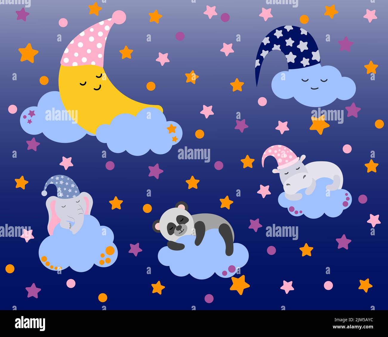Sweet moon and baby elephant are sleeping in the clouds. Lullaby theme ...