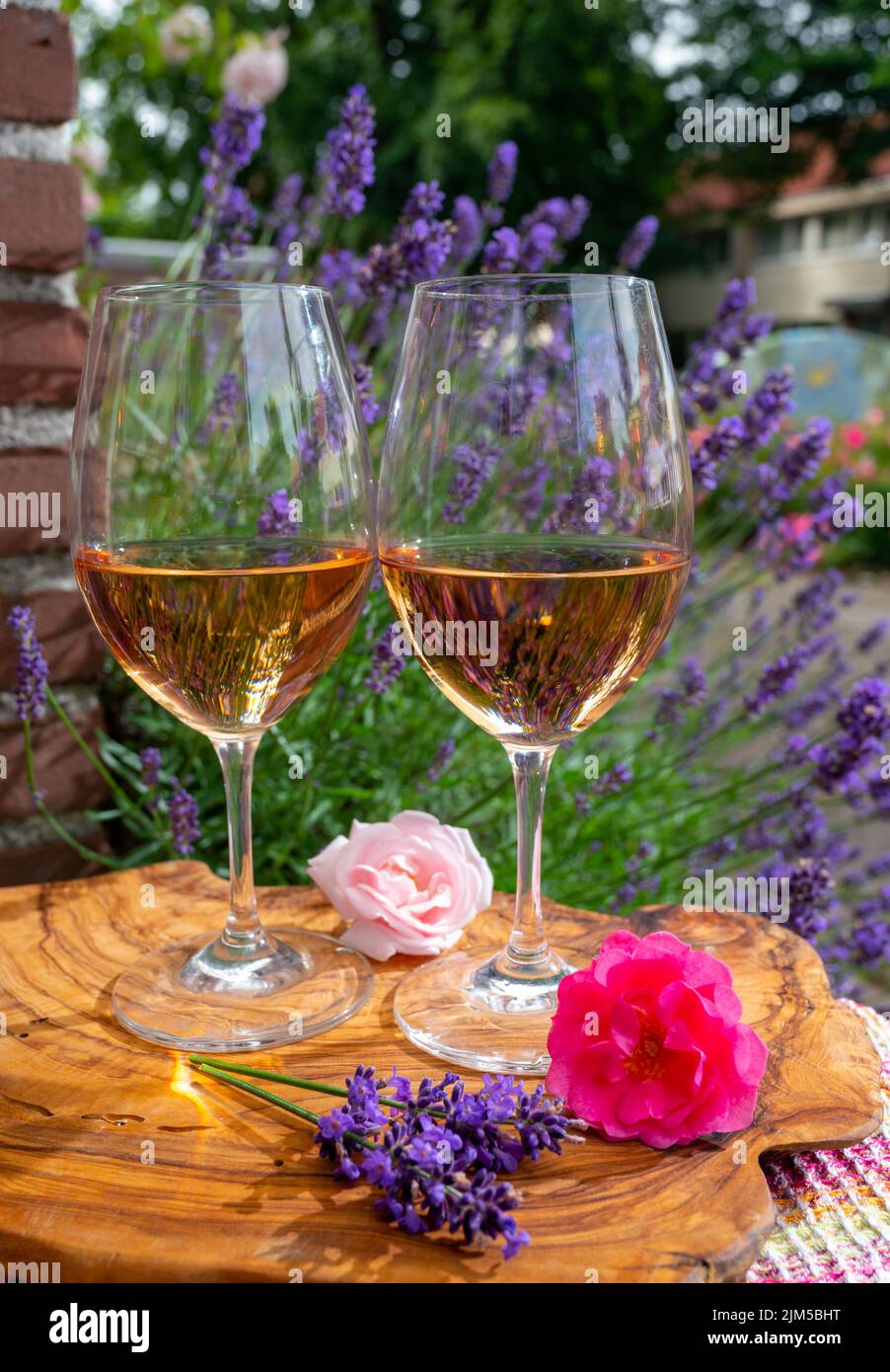 French rose wine from Provence, two glasses of wine with purple ...