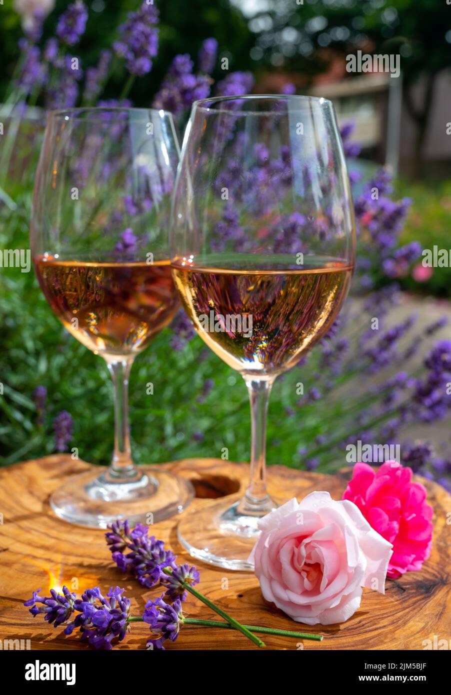 French rose wine from Provence, two glasses of wine with purple ...