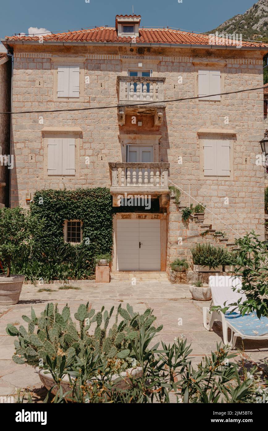 Historic city of Perast at Bay of Kotor in summer, Montenegro. Scenic ...