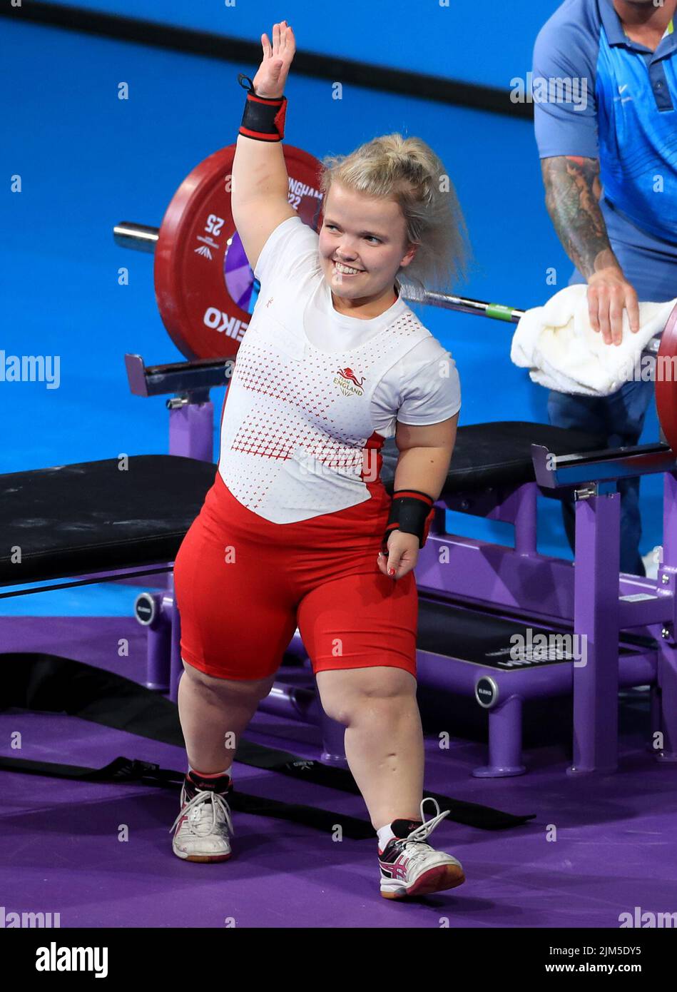 England’s Rebecca Bedford celebrates after completing a lift during the ...