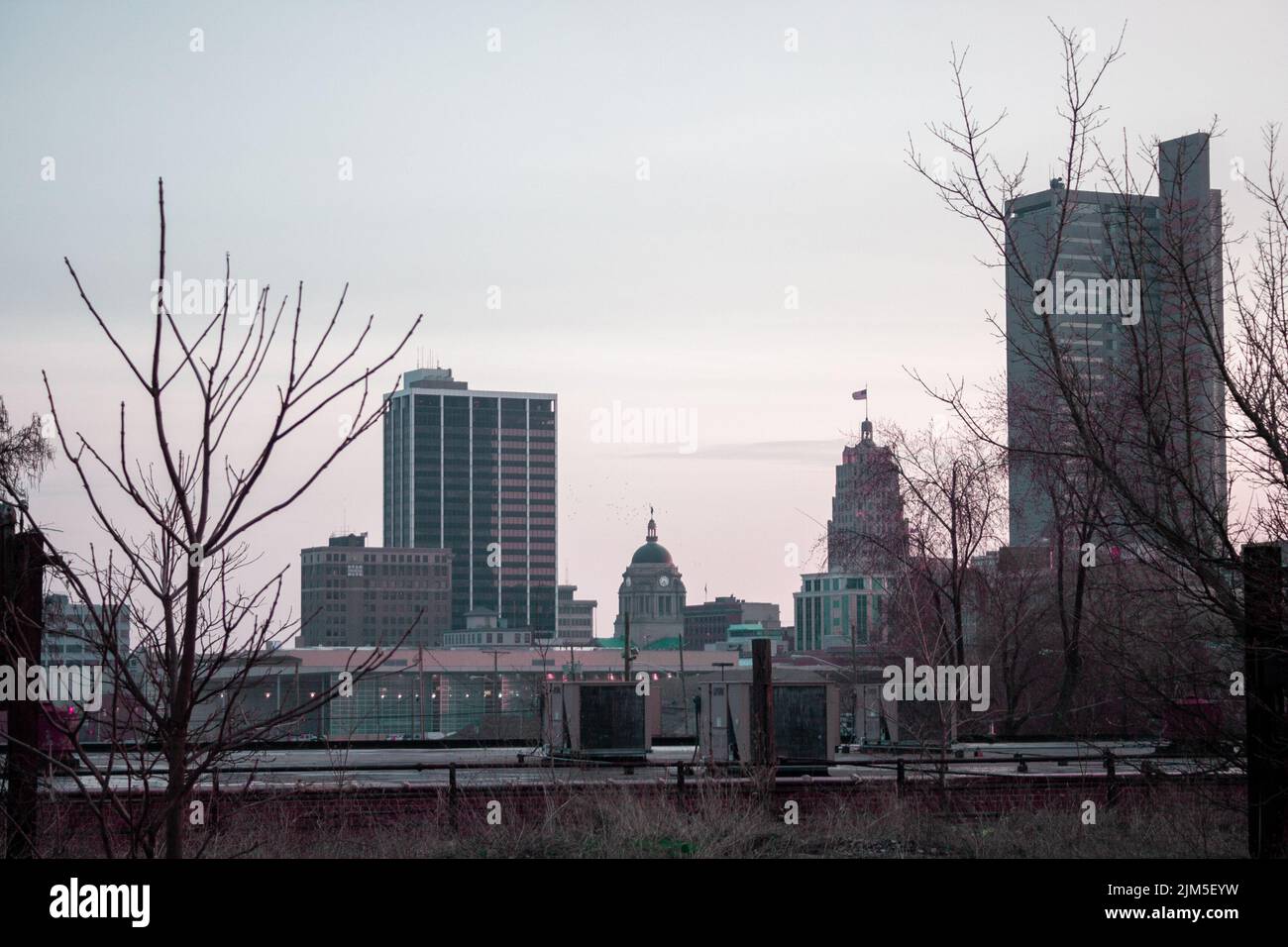 A beautiful view of the downtown Detroit skyline buildings against a ...