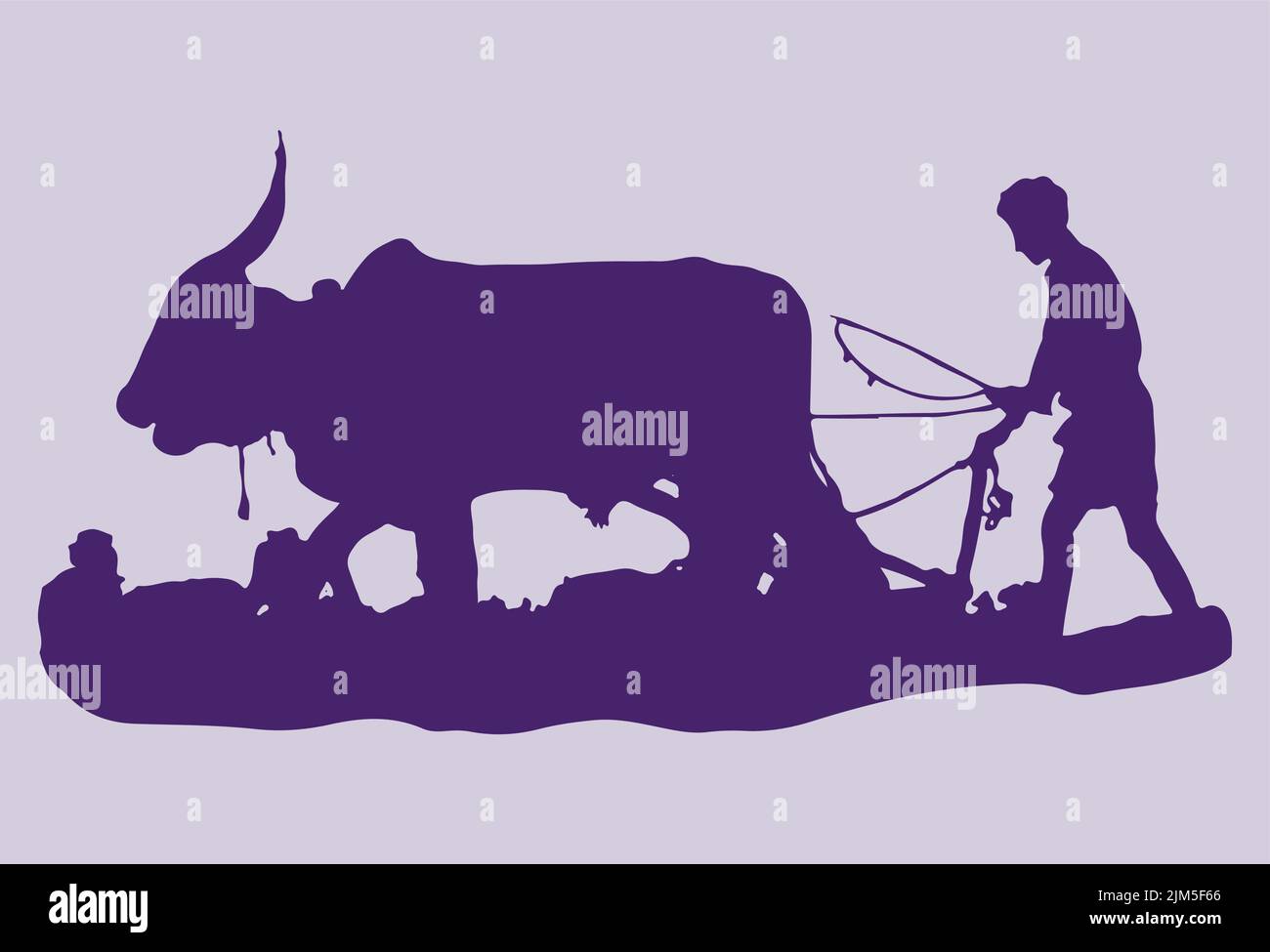 An illustration of a plowman and reaper with bulls on the blue ...