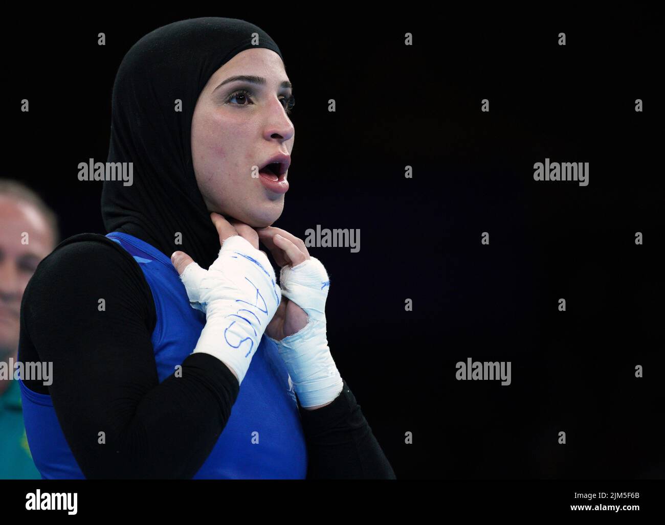 Australia's Tina Rahim awaits the result against England's Sameenah ...