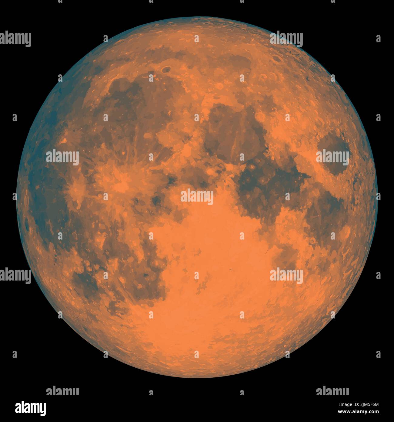 Full moon illustration isolated on black background. Blue with orange ...