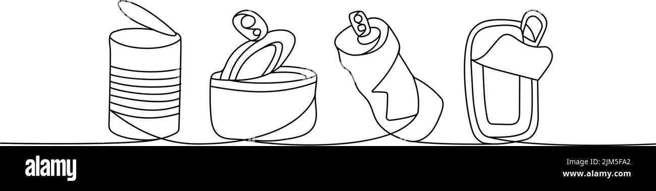 Set of Aluminium cans one line continuous drawing. Metal waste, tin can ...