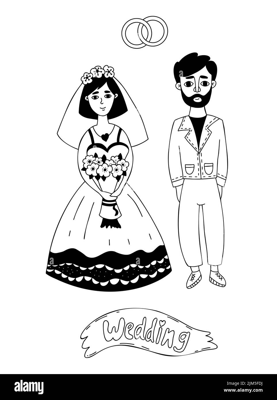 Wedding doodles. Newlyweds, bride in wedding dress with veil, bouquet ...